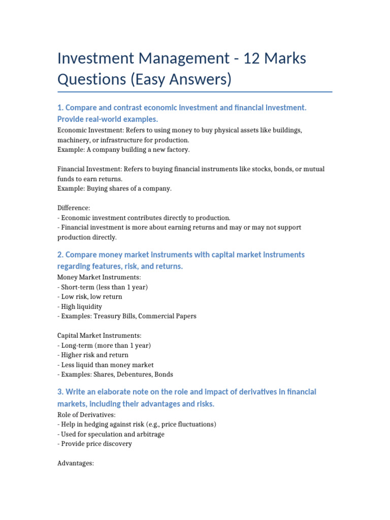 Investment Management 12 Marks Answers | PDF | Investing | Financial Risk