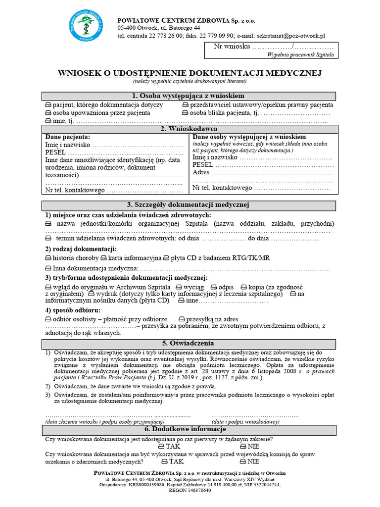 Wniosek o Udostä™pnienie Dok Medycznej Zaĺ . NR 1 | PDF