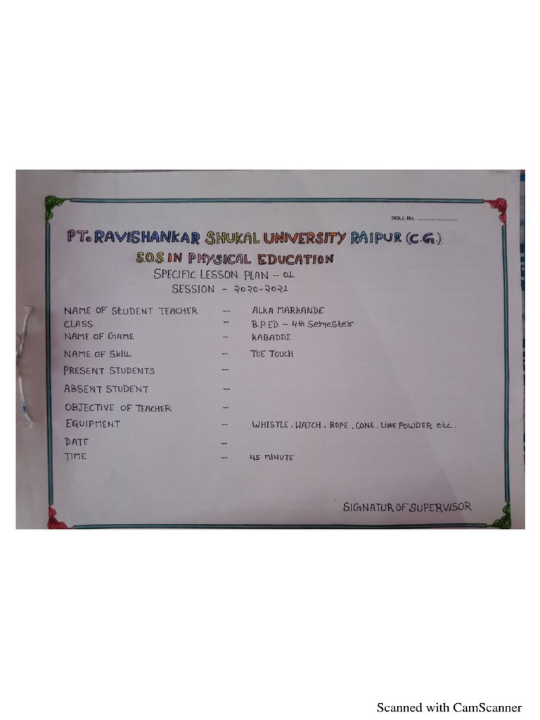 Lesson Plan -1 Kabaddi Game Toe Touch Alka PDF 4th Sem. | PDF