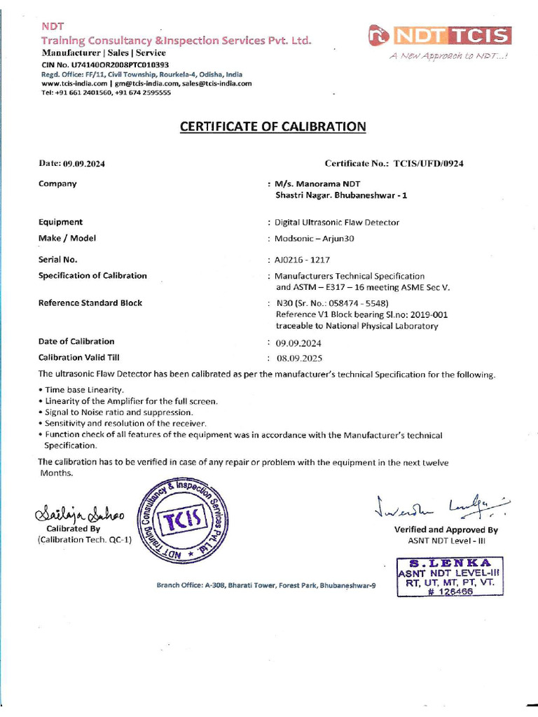 Calibration Cert. Arjun30-09.09.2024 | PDF