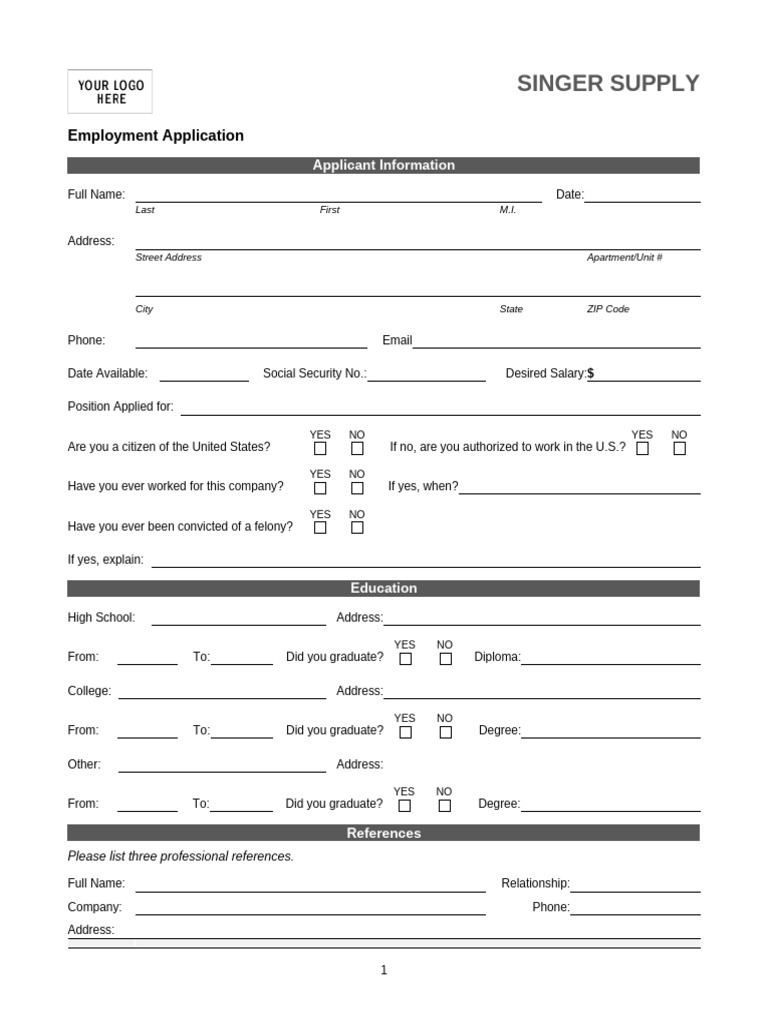 Singer Supply Employment Application Form | PDF