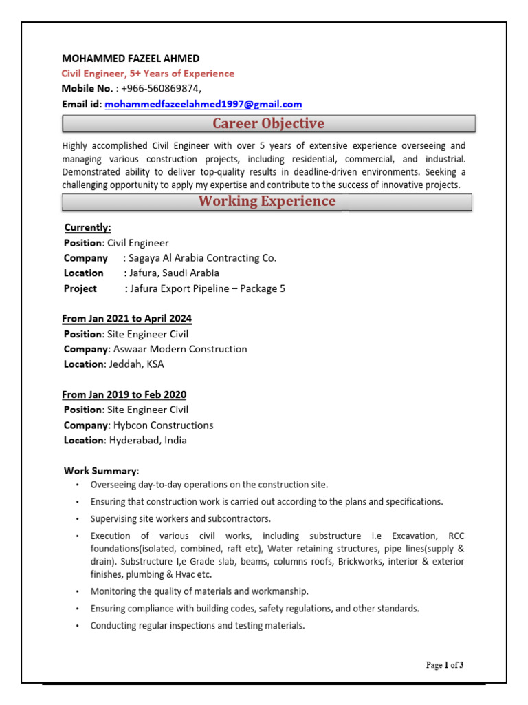 Civil Engineer Profile: Fazeel Ahmed | PDF | Specification (Technical ...