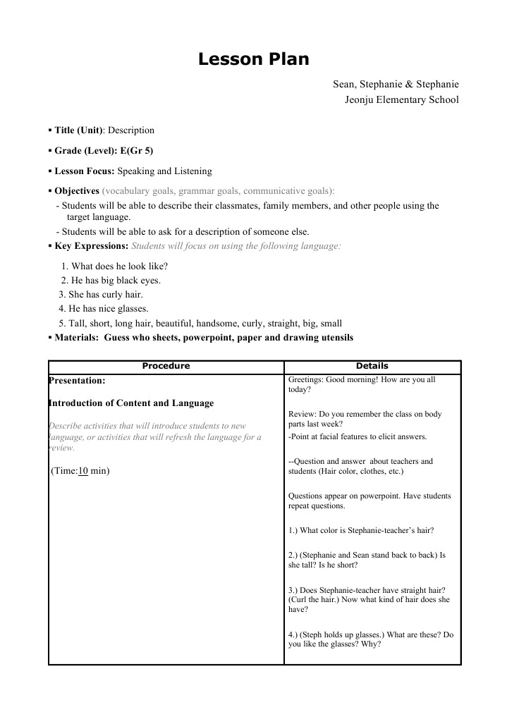Lesson Plan: Title (Unit) : Description Grade (Level) : E (GR 5) Lesson ...