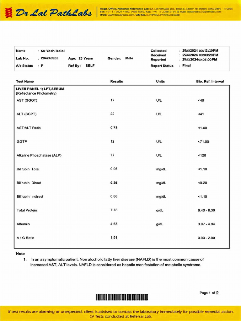 Liver Function Test Results Report | PDF | Cirrhosis | Digestive System