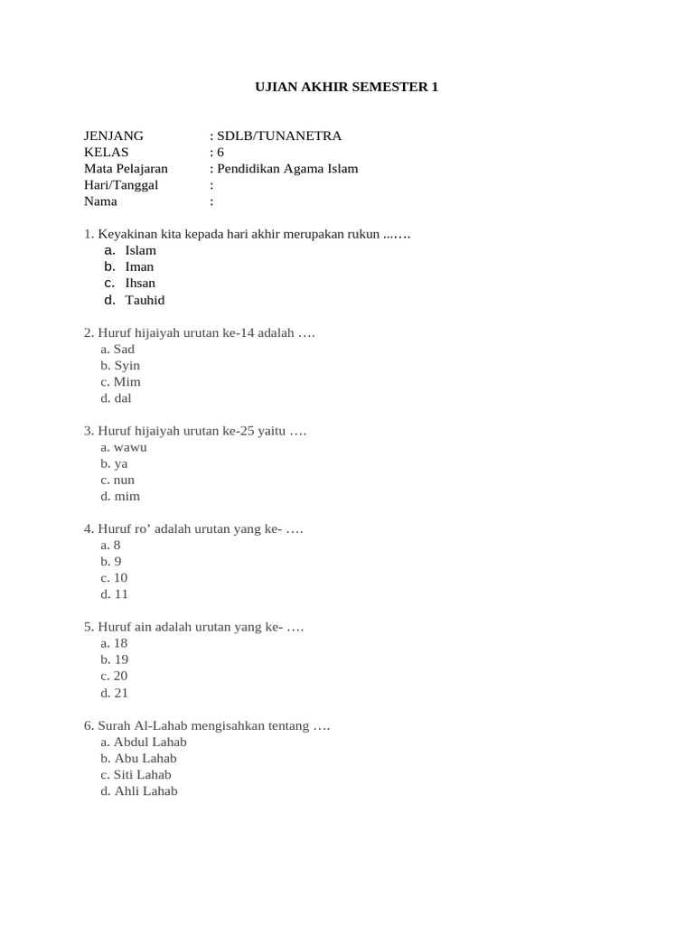 SOAL PAI KELAS 6 -ATN | PDF