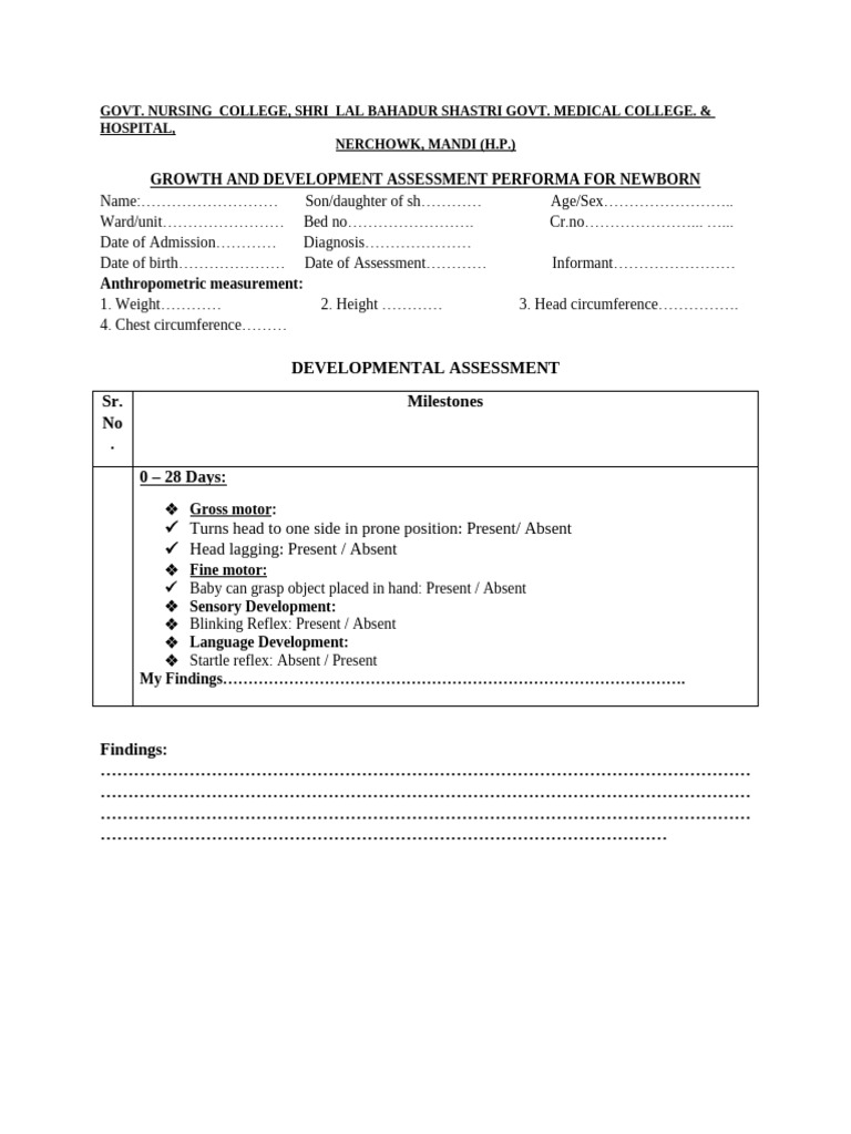 Newborn Growth Assessment Performa | PDF