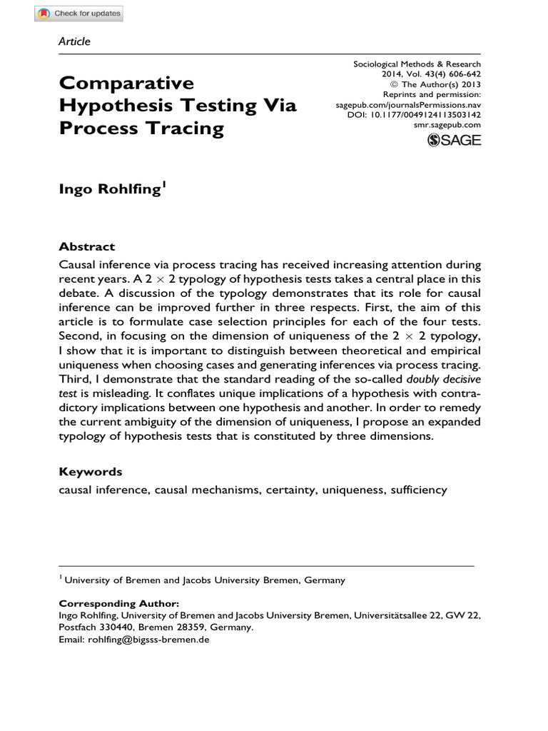 Comparative Hypothesis Testing Via Process Tracing (Ingo Rohlfing ...