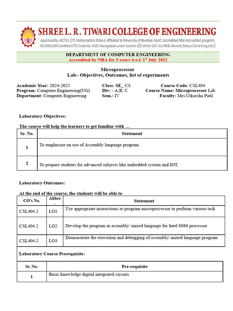 MP Lab Plan_List of Experiements | PDF | Microprocessor | Binary Coded Decimal