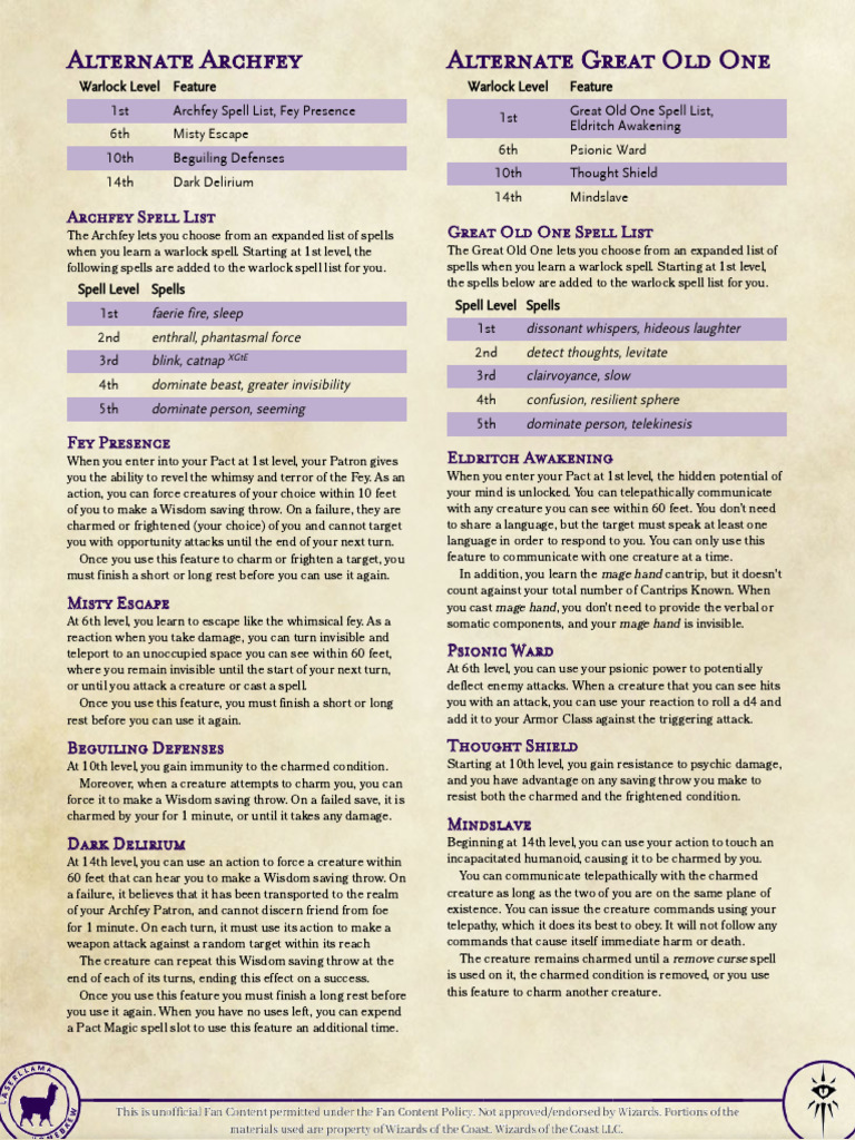 Alternate Archfey Features for Warlocks | PDF