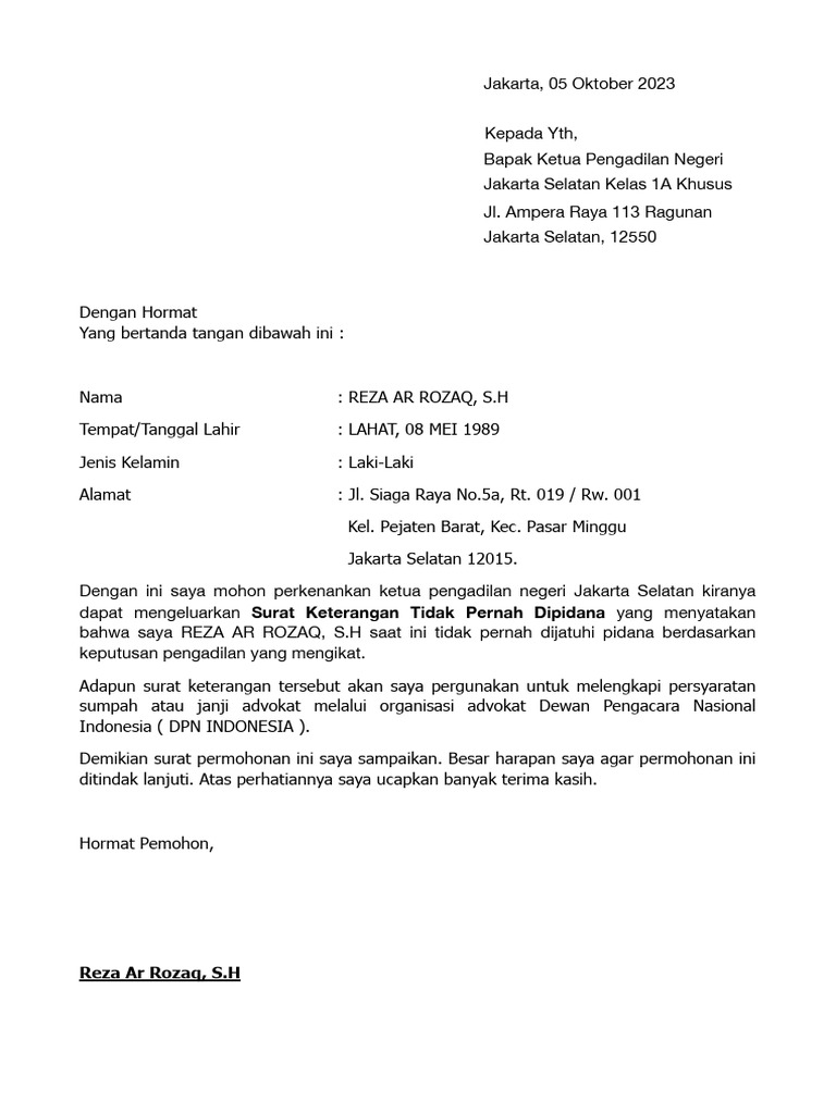 Surat Permohonan PN Jaksel 2023 | PDF