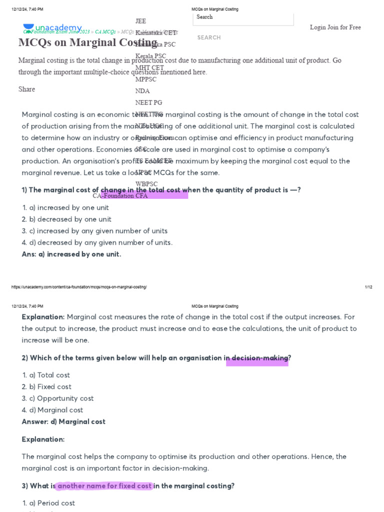 5 MCQs On Marginal Costing Unacedamy | PDF | Cost | Profit (Economics)