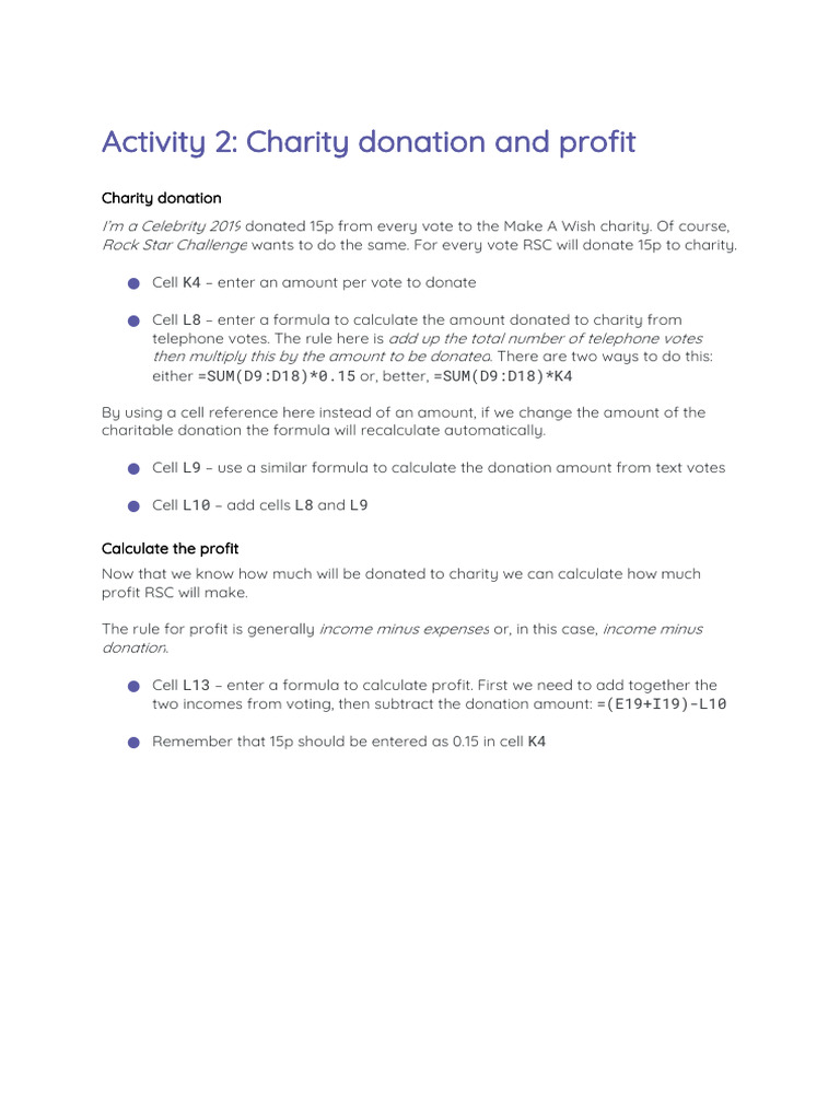 STU - A2 Worksheet - Charity Donation and Profit | PDF