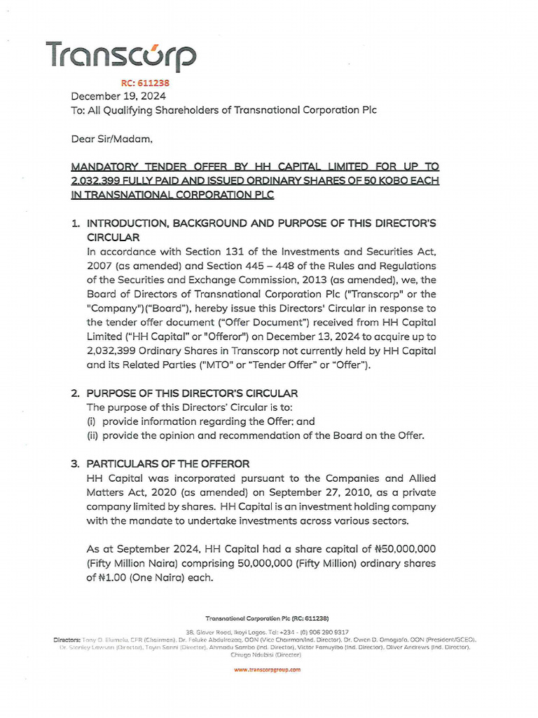Transcorp Plc_Directors' Circular | PDF