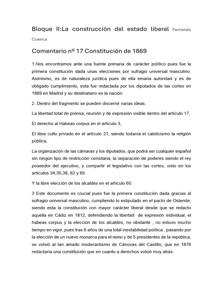 Constitución de 1869: Libertades y Crisis | PDF