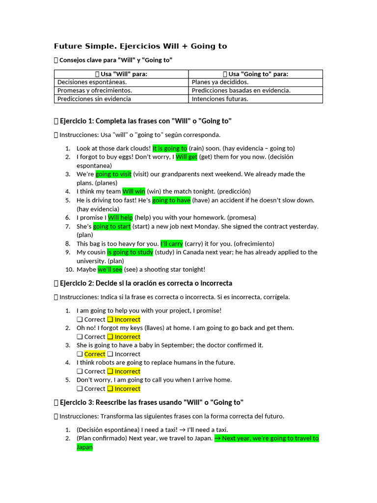 Futuro Simple. Ejercicios Will + Going To | PDF