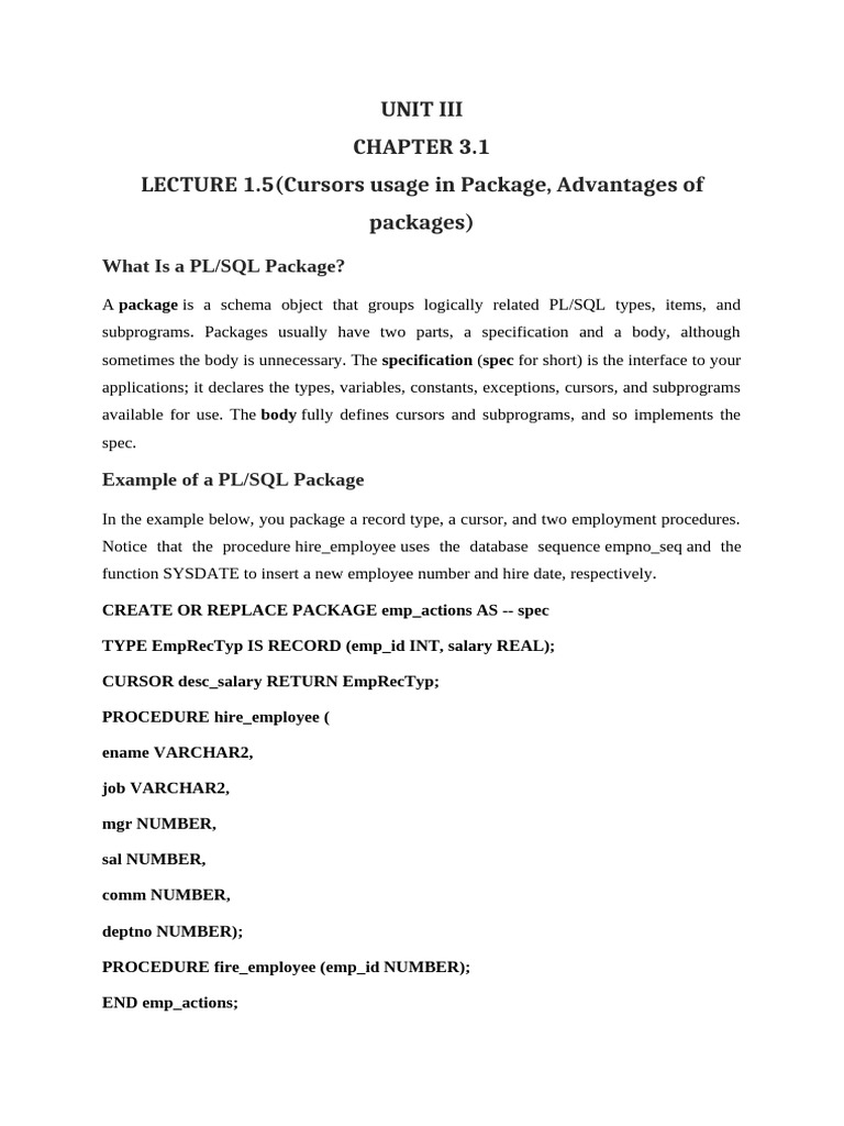 Notes Chapter 3.1 Lecture 1.5(Cursor usage in package, Advantages of ...