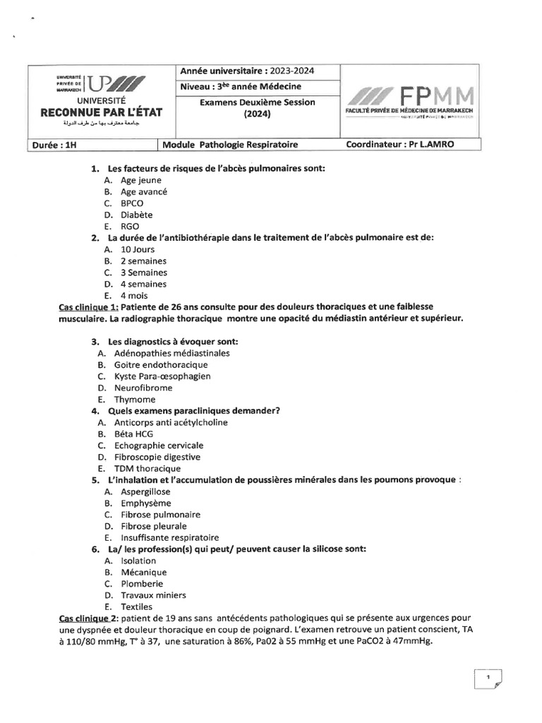 Pneumologie 2023-2024 Rattrapage | PDF