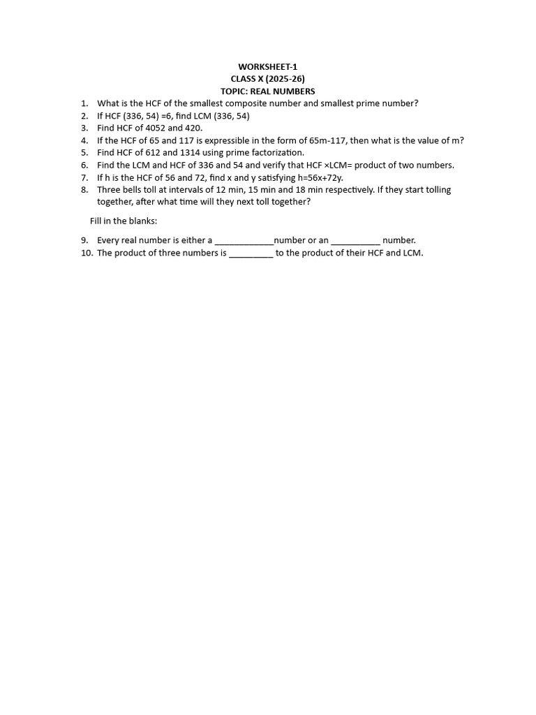 Math Chapter-1 Worksheet (Class 10) | PDF