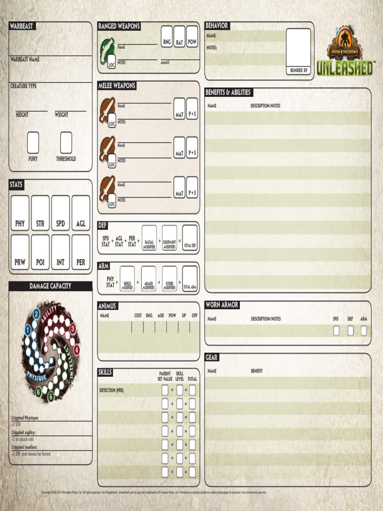 Iron Kingdoms Unleashed - Warbeast Sheet | PDF
