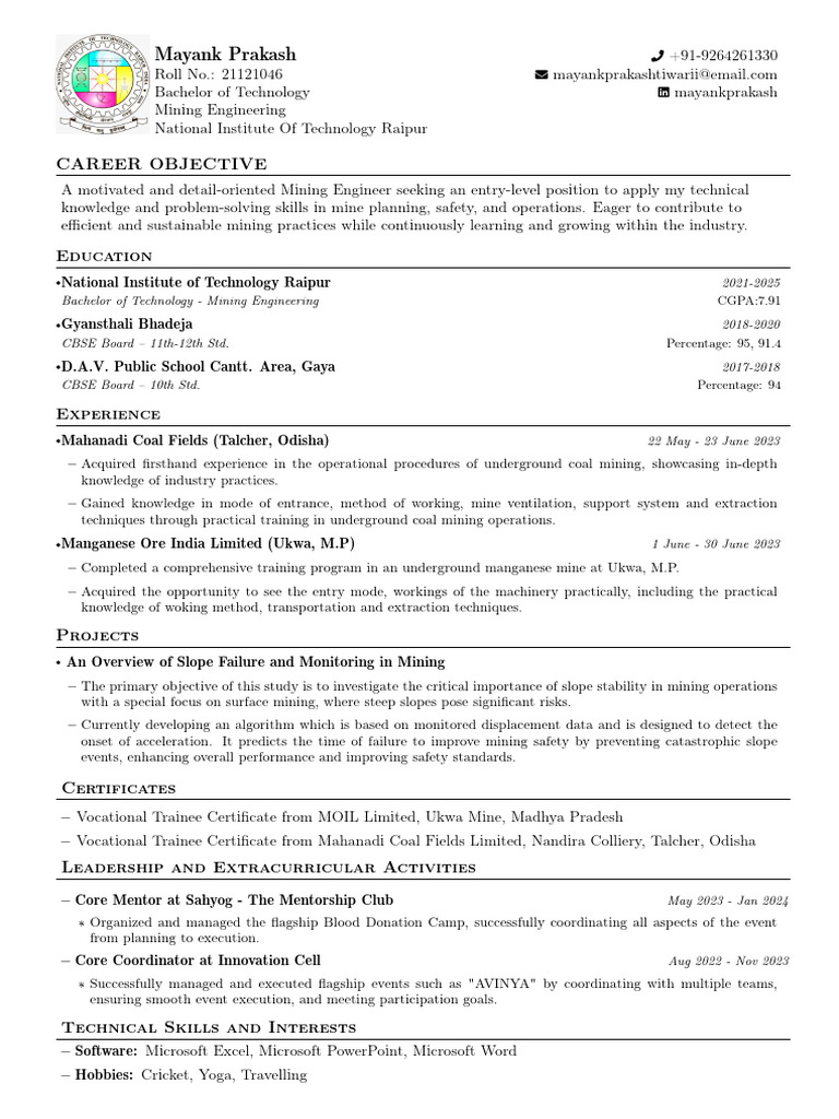 Mayank Prakash NITRAIPUR | PDF | Mining