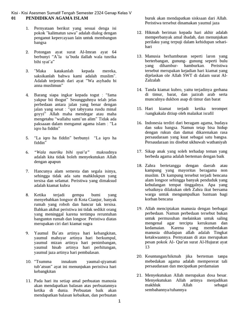 Kisi-Kisi ASTS 2425 Genap Kelas 5 | PDF