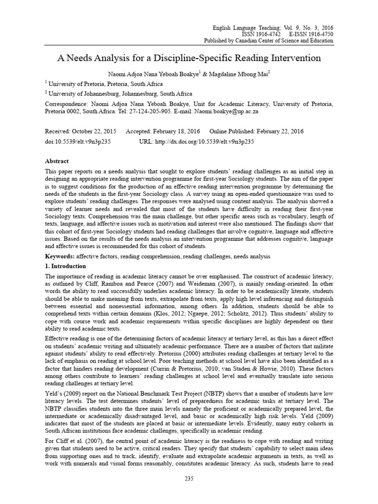 Needs Analysis for Reading Intervention | PDF | Reading Comprehension ...