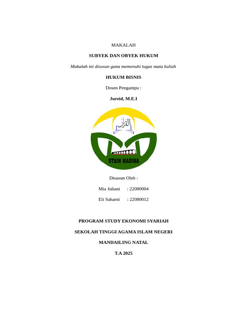 Subyek dan Obyek Hukum dalam Bisnis | PDF