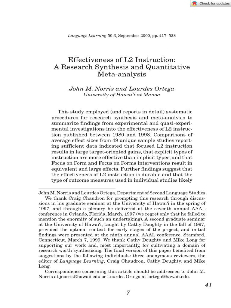 Effectiveness of L2 Instruction a Research Synthesis and Quantitative ...