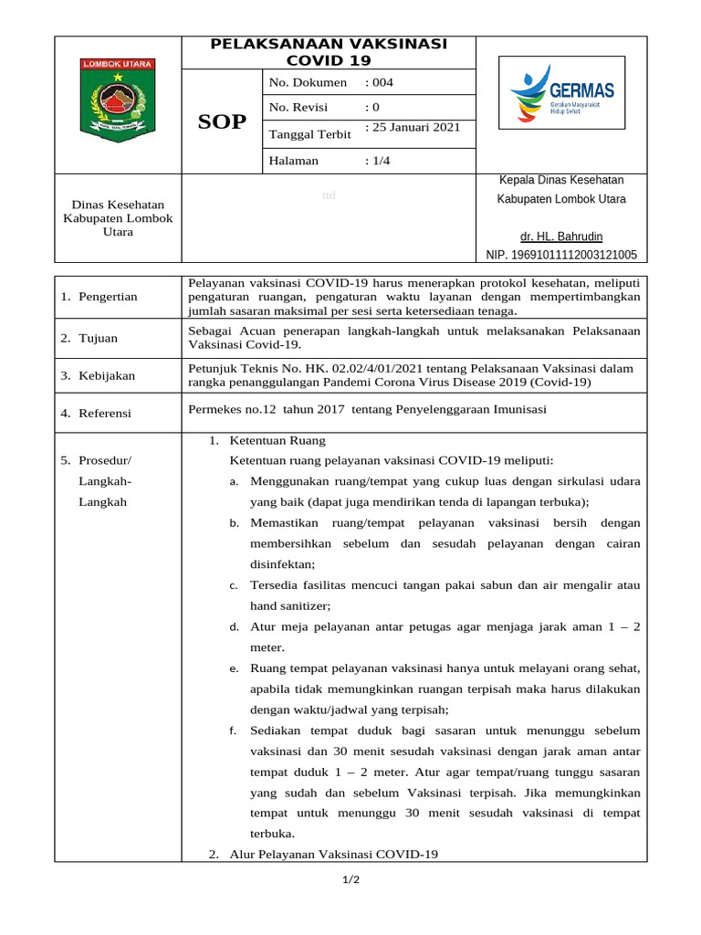 SOP Pelayanan Imunisasi Covid 19 | PDF