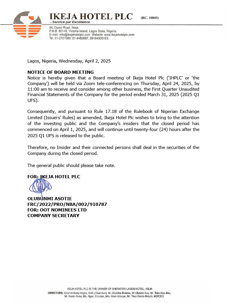 Ikeja Hotel Plc Board Meeting Notice | PDF