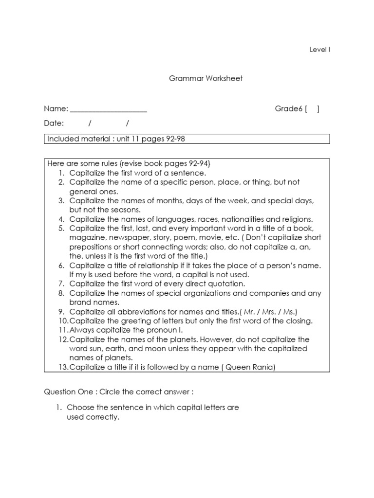 Level I Grammar Worksheet for Grade 6 | PDF | Comma | Adjective