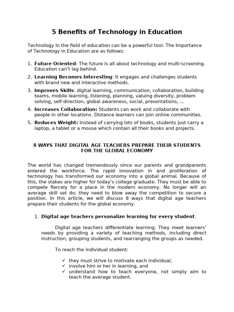 Benefits of Technology in Education Notes | PDF | Learning | Teachers