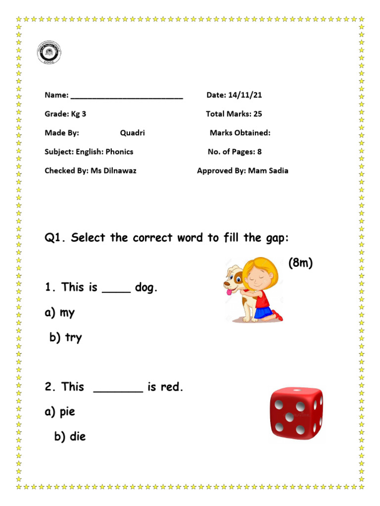 Kg 3 English Phonics Exam 2021-22 | PDF