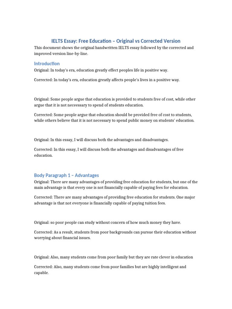 Free Education Essay Original Vs Corrected | PDF