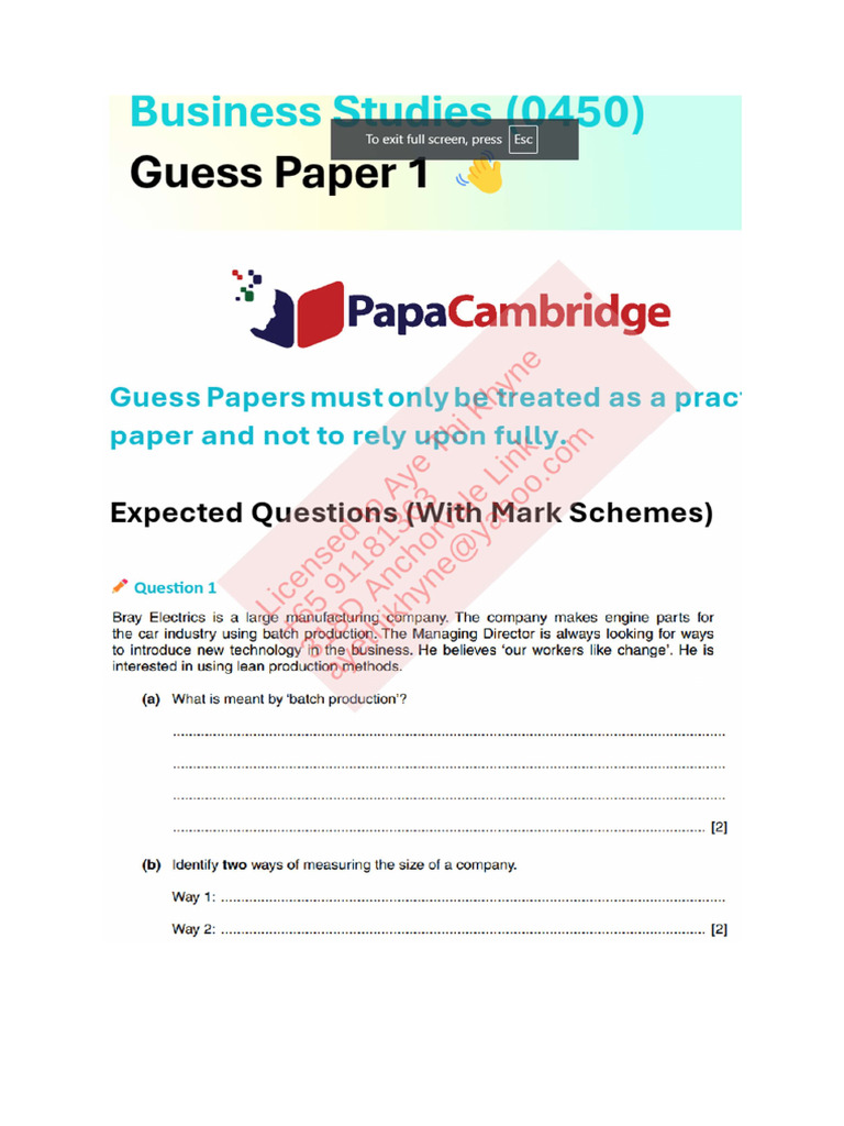 0450 Business Studies P1 May June 2025 | PDF