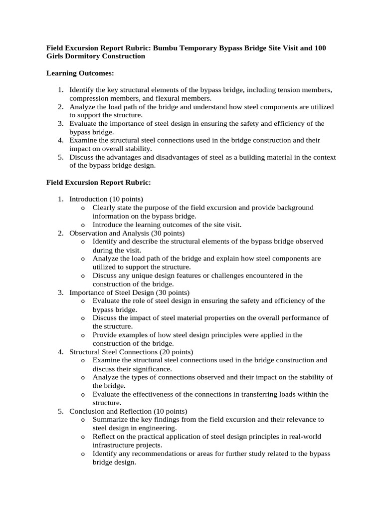 Field Excursion Report Rubric | PDF | Bridge | Steel