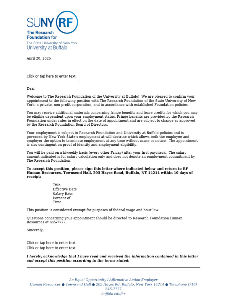 Offer Letter Template For RF Exempt | PDF | Employment | Salary