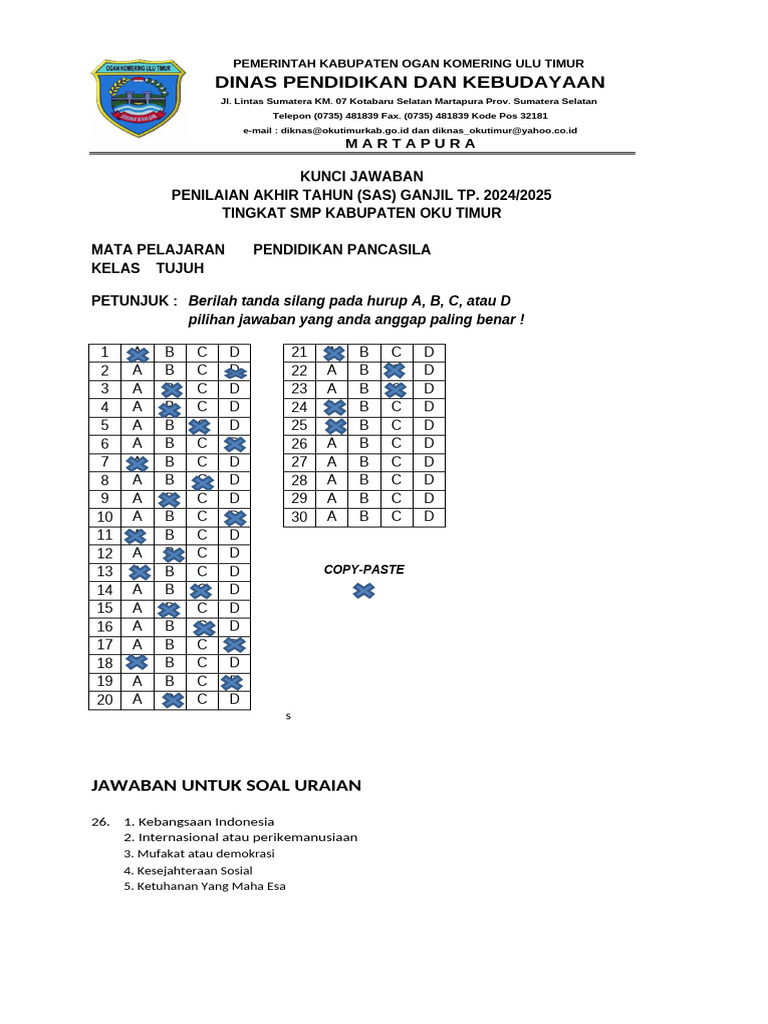 Kunci Jawaban Sas Pendidikan Pancasila Kelas Vii Kumer TP 2024-2025 | PDF