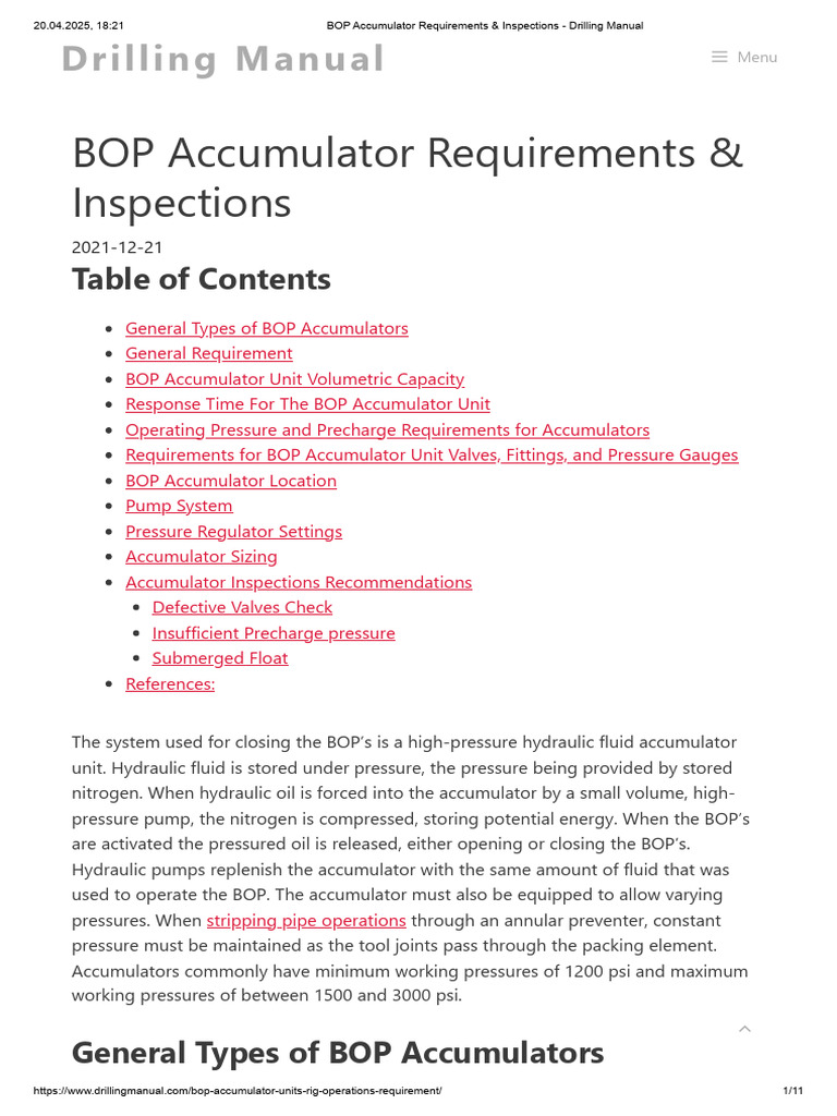 BOP Accumulator Requirements & Inspections - Drilling Manual | PDF | Gases | Gas Technologies