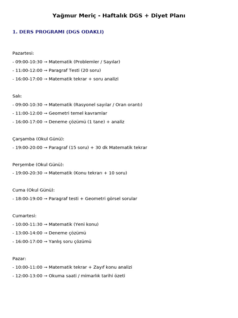 Yagmur Meric DGS Diyet Plani | PDF