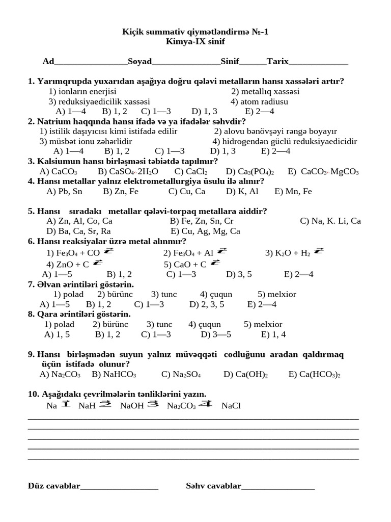 KSQ - 1 Kimya IX Sinif | PDF