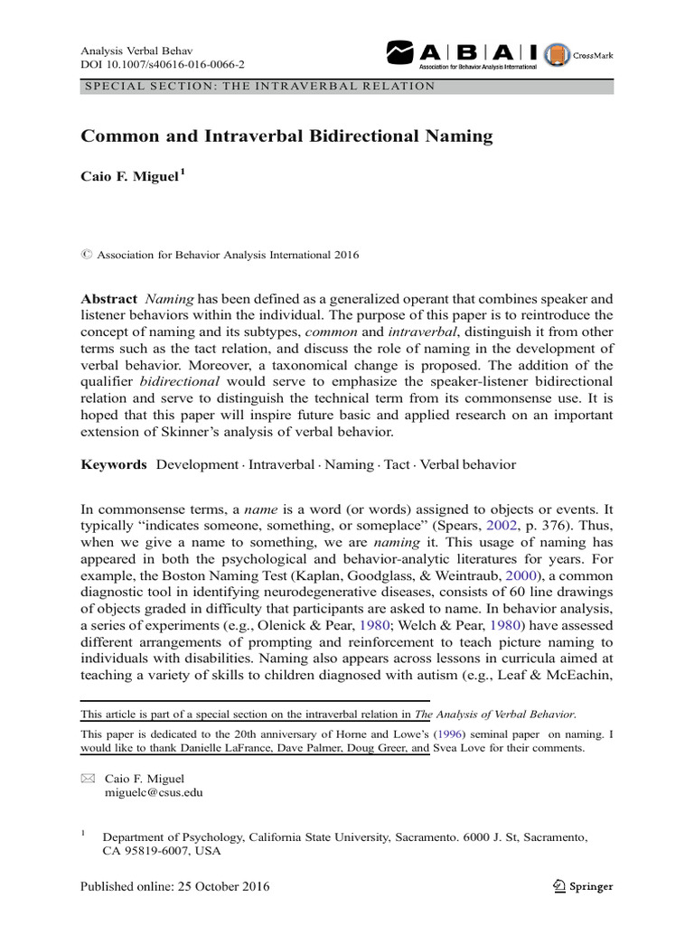 Common and Intraverbal Bidirectional Naming | PDF | Reinforcement ...