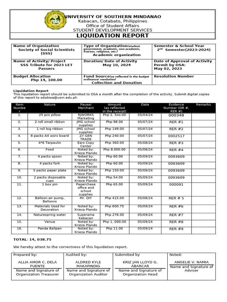 Liquidation Report 1st Semester (AY 2024-2025) | PDF