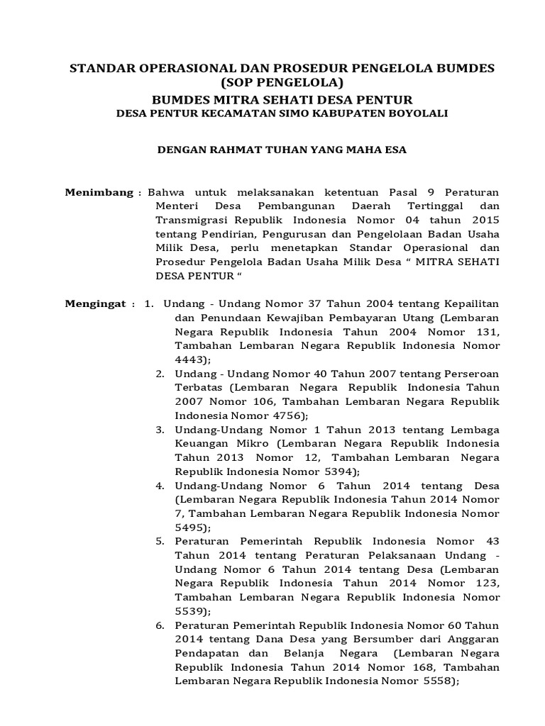 Standar Operasional Dan Prosedur Pengelola Bumdes (Sop Pengelola) | PDF