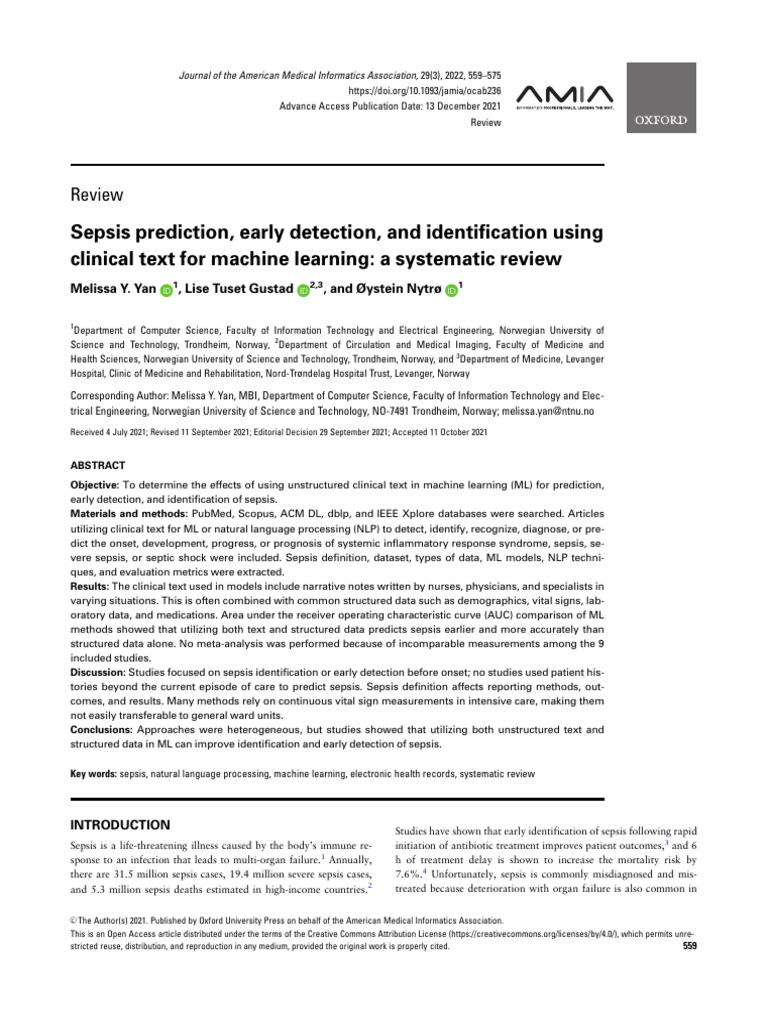 Sepsis Prediction Using Clinical Text ML | PDF | Sepsis | Systematic Review