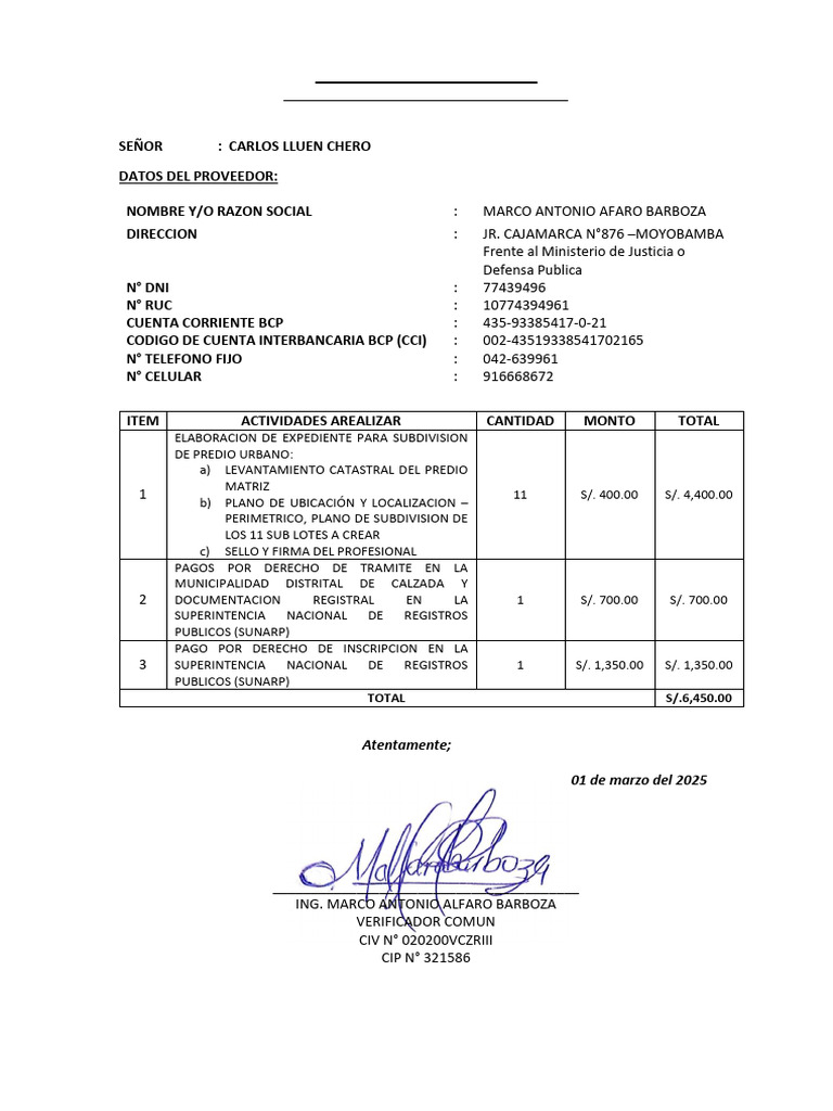 Proforma de Servicios Subdivision Urbno | PDF