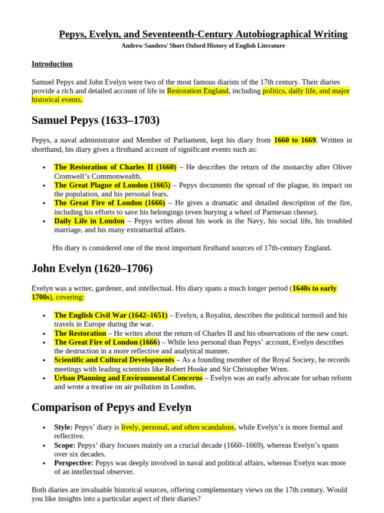 Pepys and Evelyn Diaries and 18th Century Prose DSP-1 | PDF | Samuel ...
