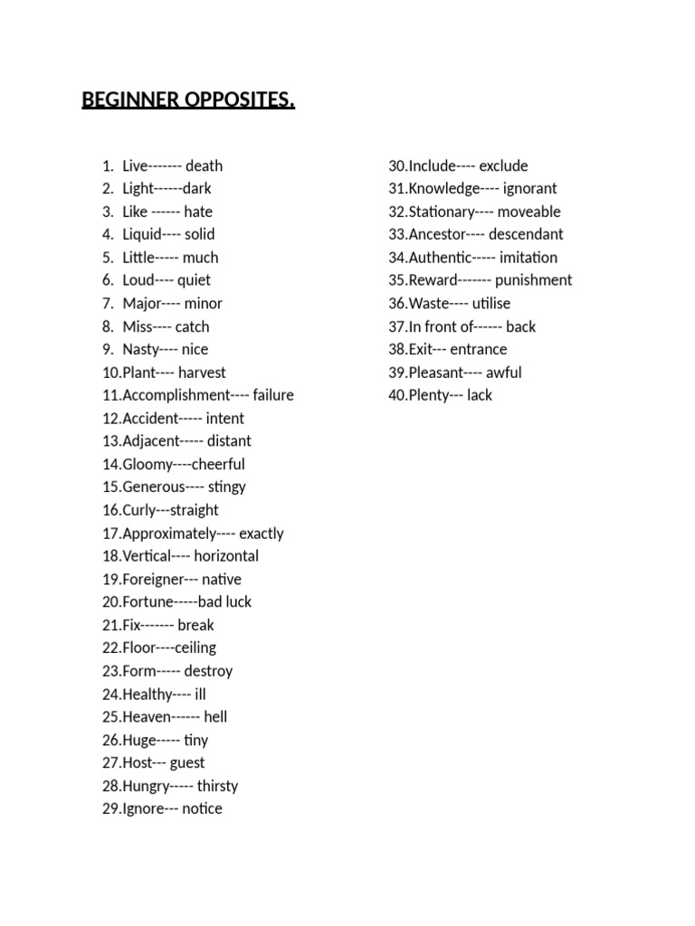 Beginner Opposites | PDF