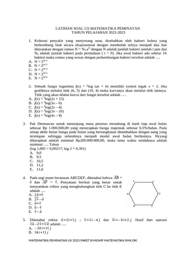 Paket Soal Latihan Us Matematika Peminatan 2022-2023 (MGMP Mat Dki) - B | PDF