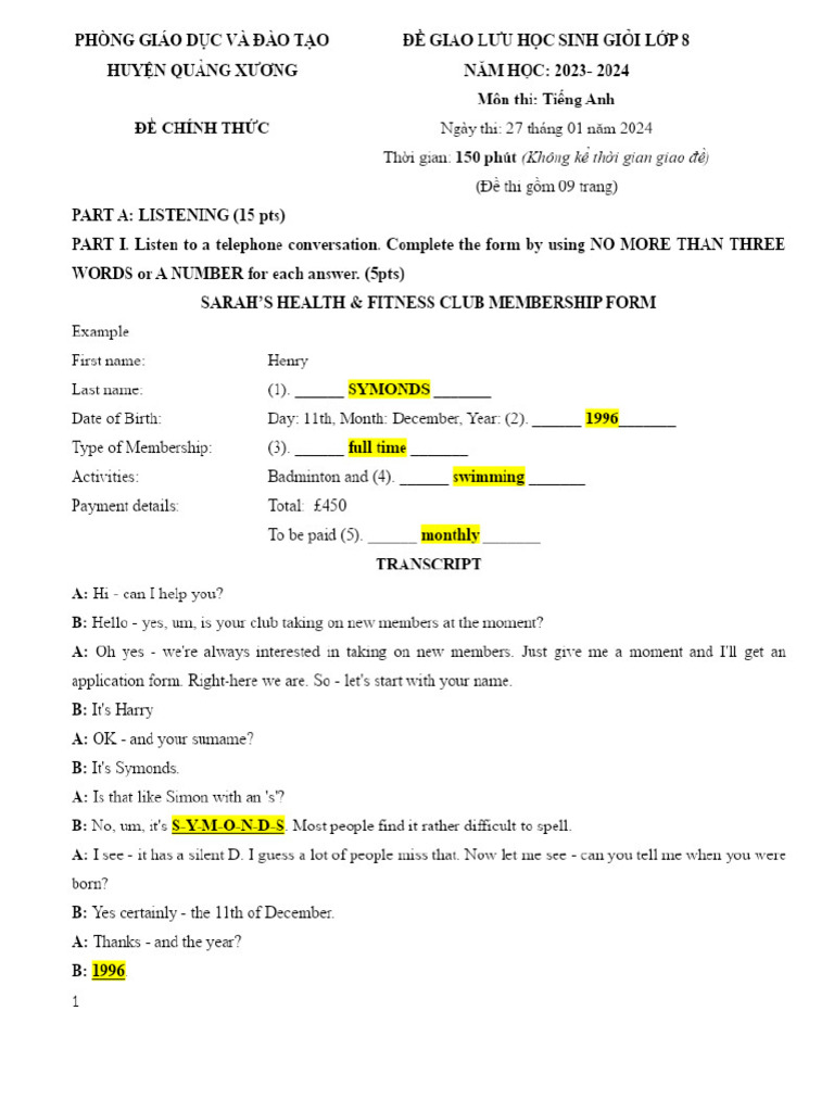 Dap An de Thi HSG Anh 8 Quang Xuong Thanh Hoa 20232024docx - 1600 - PDF - Gdrive.vip | PDF